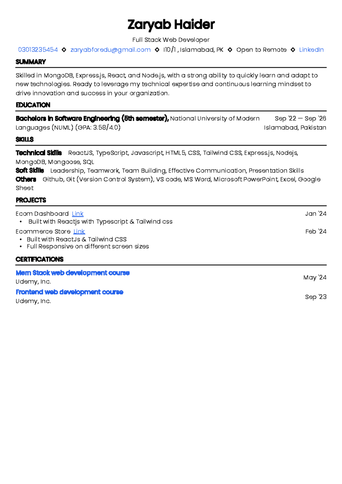 Resume zaryab haider - someth - Zaryab Haider Full Stack Web Developer 03013235454 - Studocu