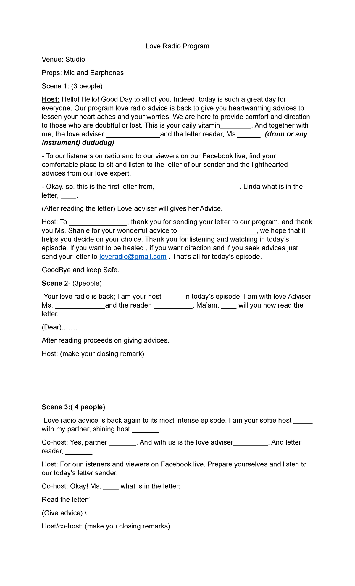 Love Radio Program Script - Love Radio Program Venue: Studio Props: Mic ...