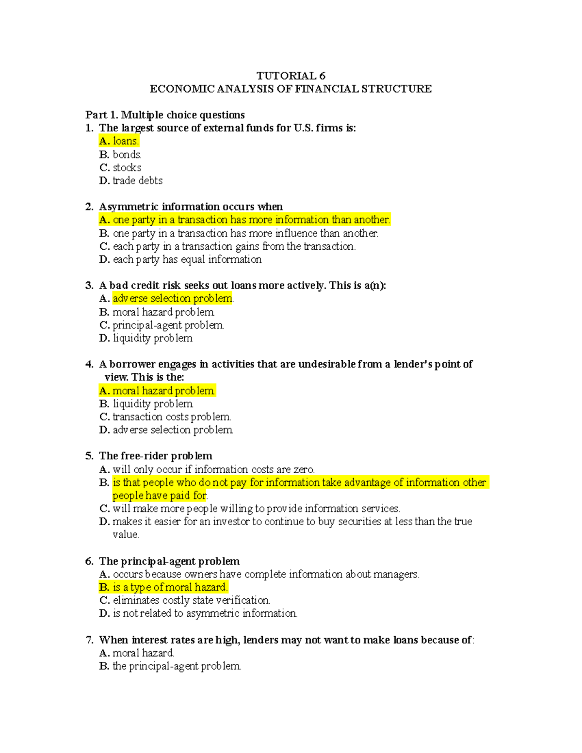 FMT Tut6 - Key Tut 6 FMT - TUTORIAL 6 ECONOMIC ANALYSIS OF FINANCIAL ...