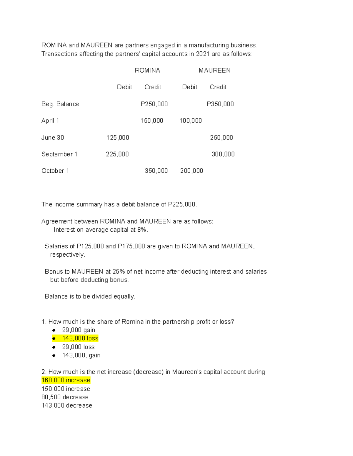 Ast quiz - partnership operations - ROMINA and MAUREEN are partners ...