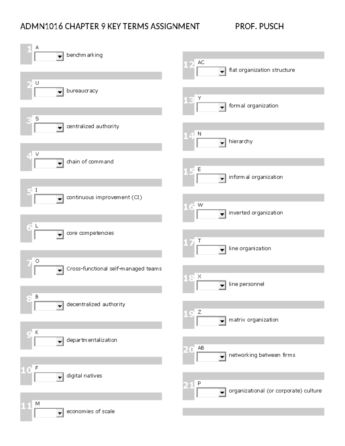 CH9 key terms assignment Answers - ADMN1016 CHAPTER 9 KEY TERMS ASSIGNMENT PROF. PUSCH 1 A - Studocu