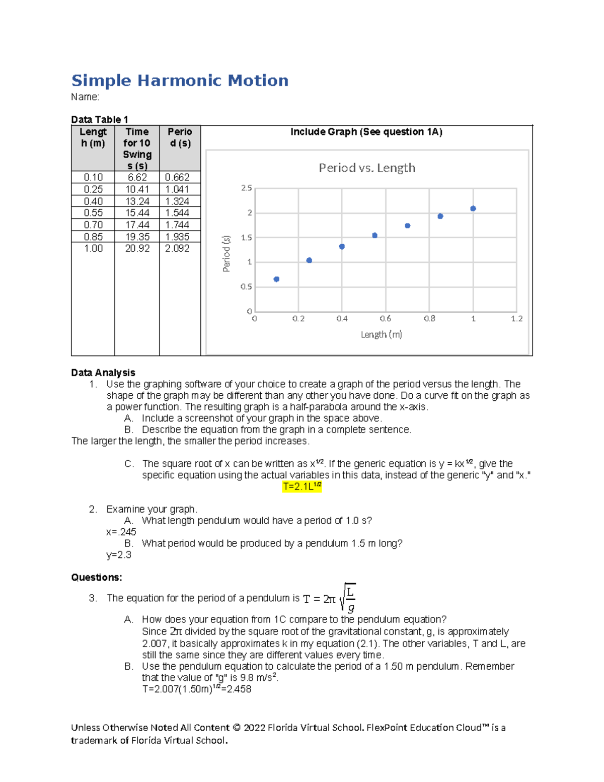 Simple harmonic motion - Simple Harmonic Motion Name: Data Table 1 Lengt h (m) Time for 10 Swing ...