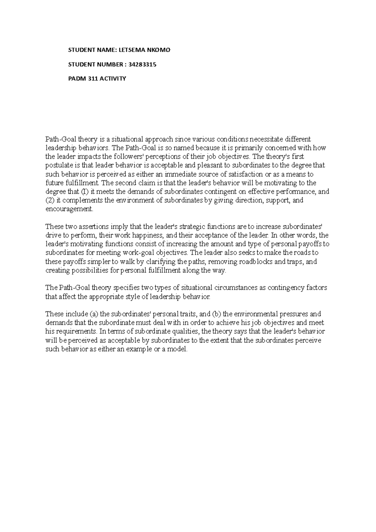 PADM 311 Activity - poli - STUDENT NAME: LETSEMA NKOMO STUDENT NUMBER ...