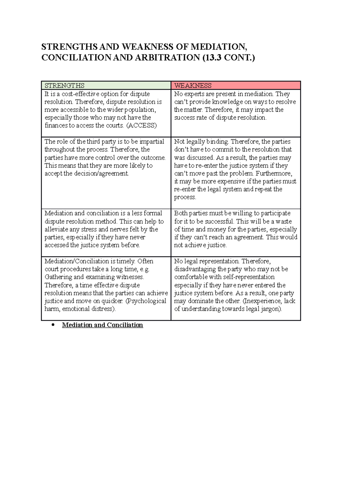 Strengths AND Weakness Of Mediation/Conciliation - STRENGTHS AND WEAKNESS OF MEDIATION ...