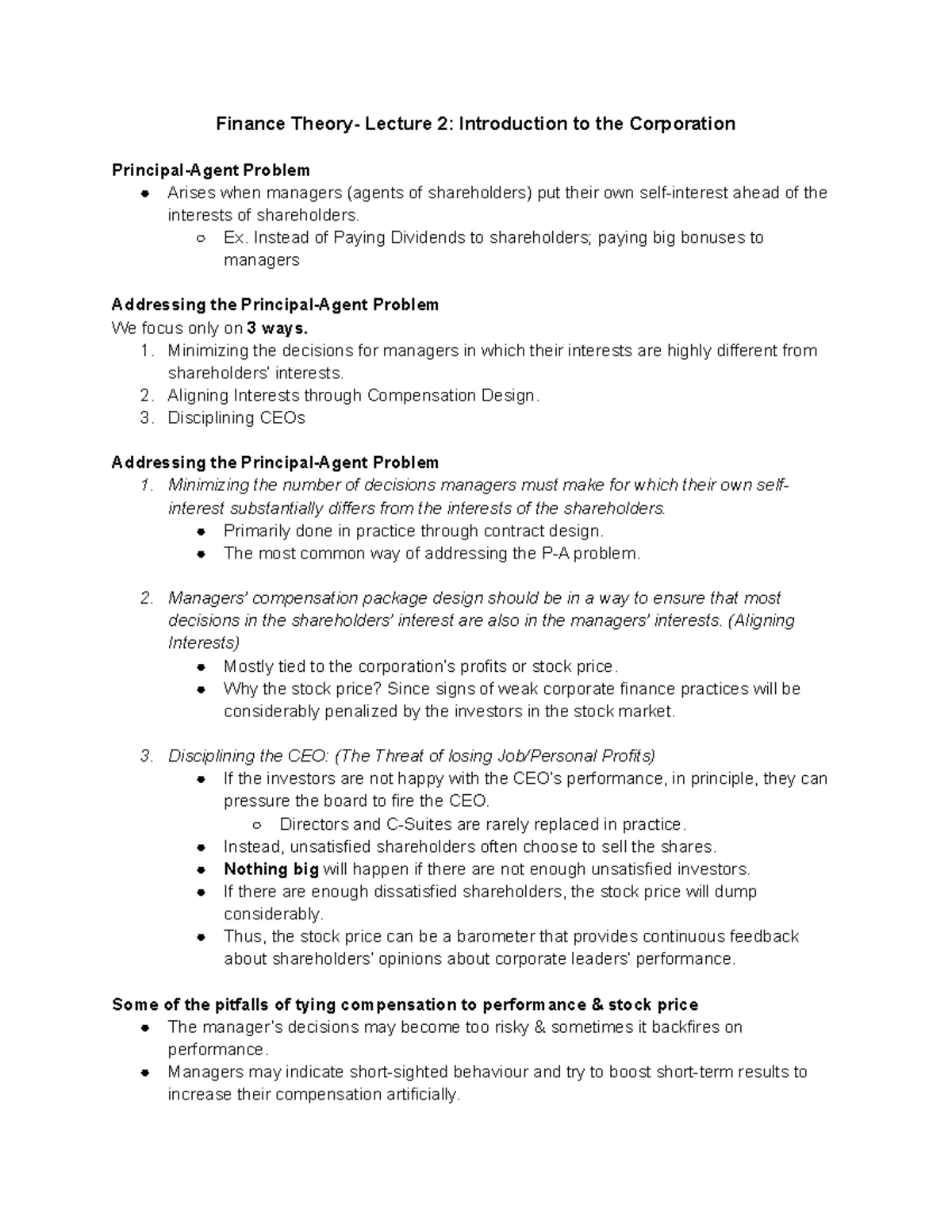 Finance Theory Lecture 2 Introduction To The Corporation Finance Theory Lecture 2