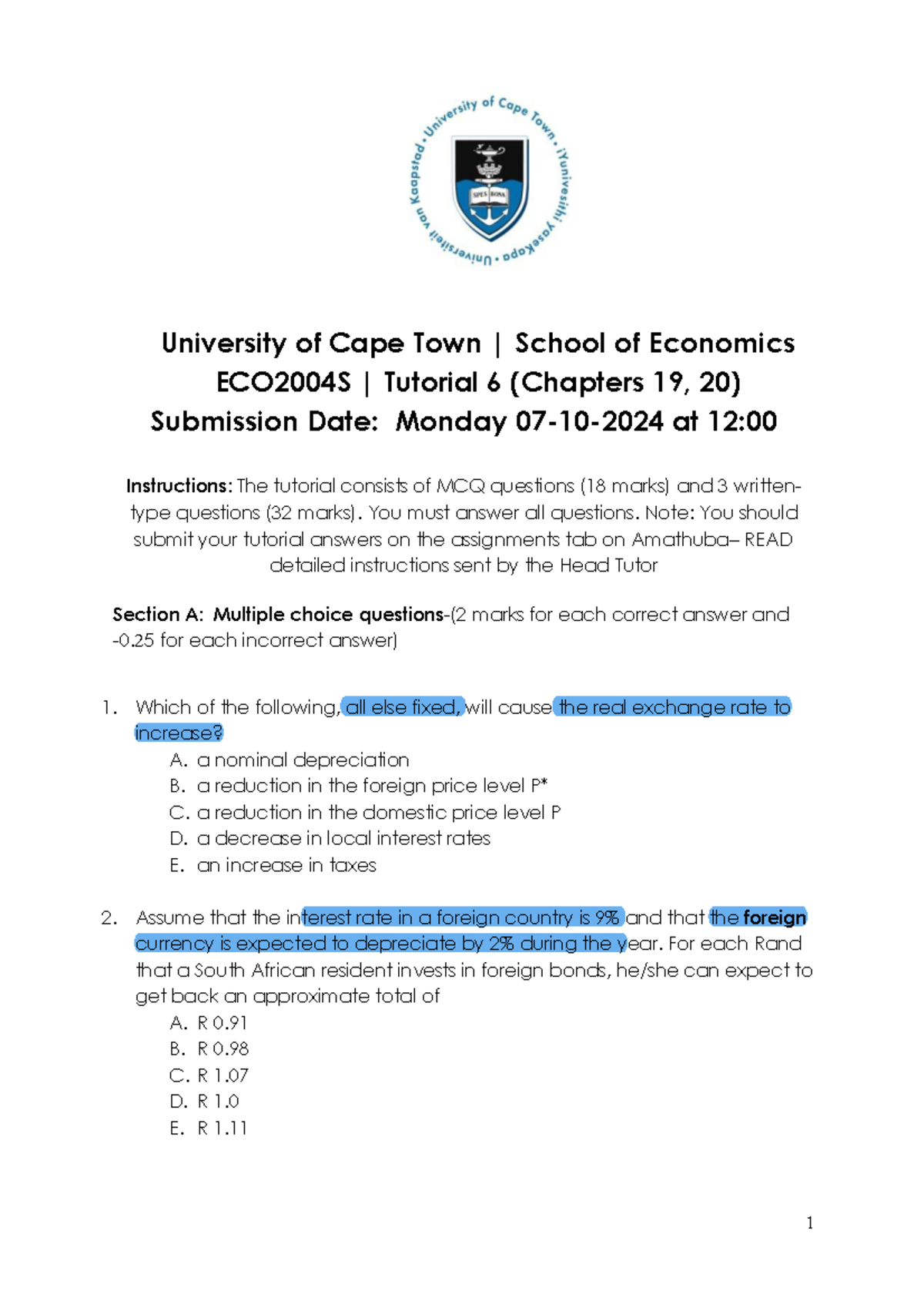 ECO2004 S Tutorial 6 Student - Copy - University of Cape Town | School ...