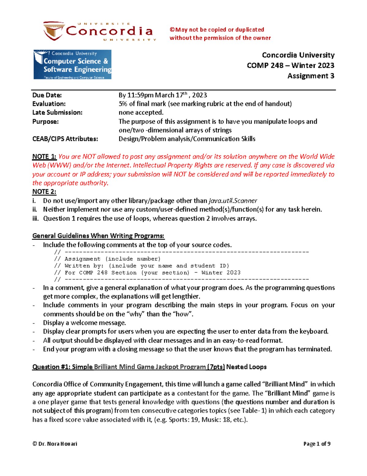 COMP248 A3 W2023 - notyes - without the permission of the owner Concordia University COMP 248 ...