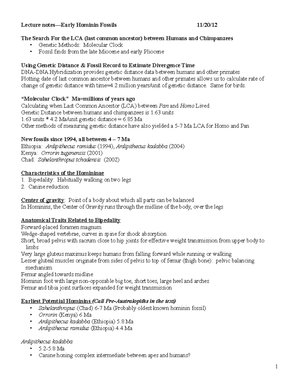 Lecture 18 notes - Professor Linville - Lecture notes—Early Hominin ...