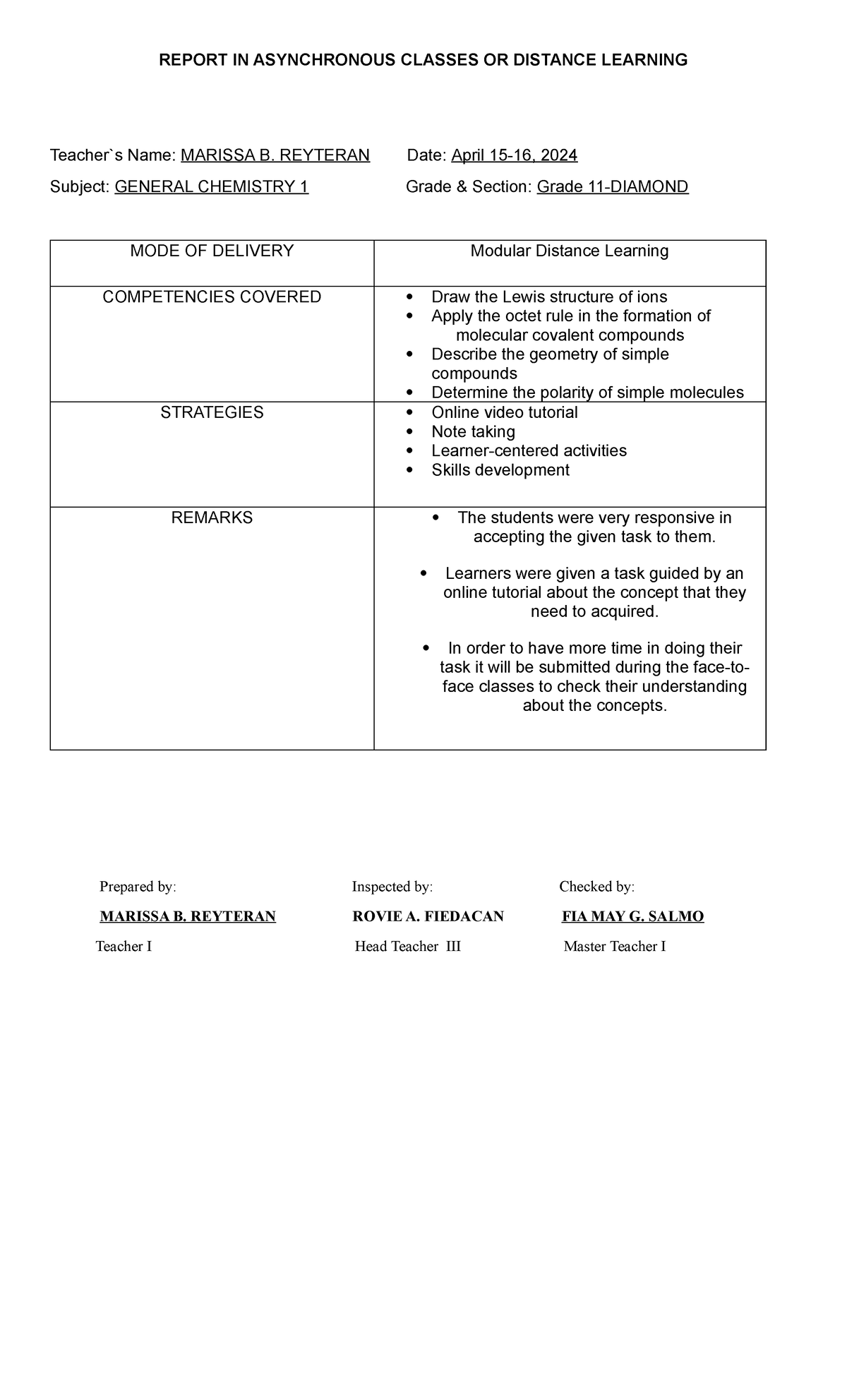 Report IN Asynchronous Classes OR Distance Learning - REPORT IN ...