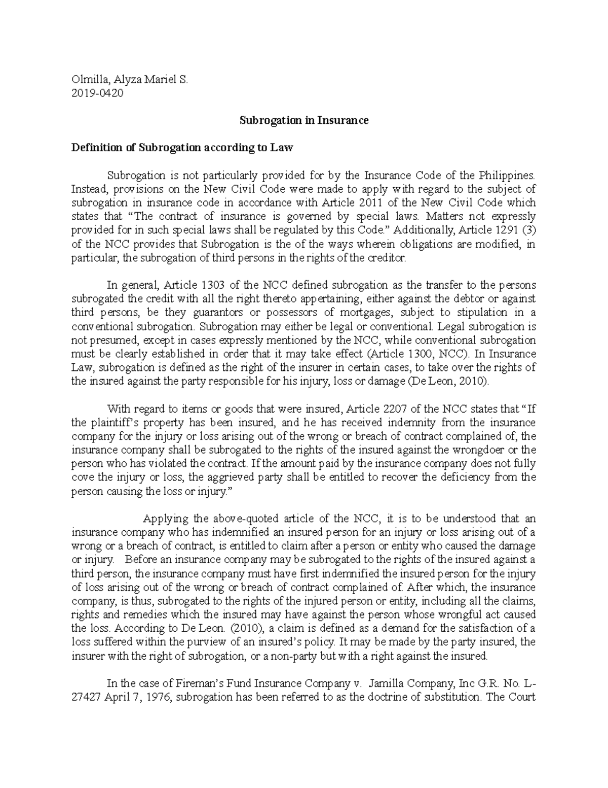 Subrogation in Insurance - Olmilla, Alyza Mariel S. 2019- Subrogation ...