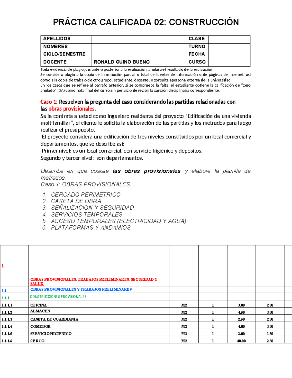 Practica Calificada 02 Construccion - PRÁCTICA CALIFICADA 02: CONSTRUCCIÓN APELLIDOS CLASE ...