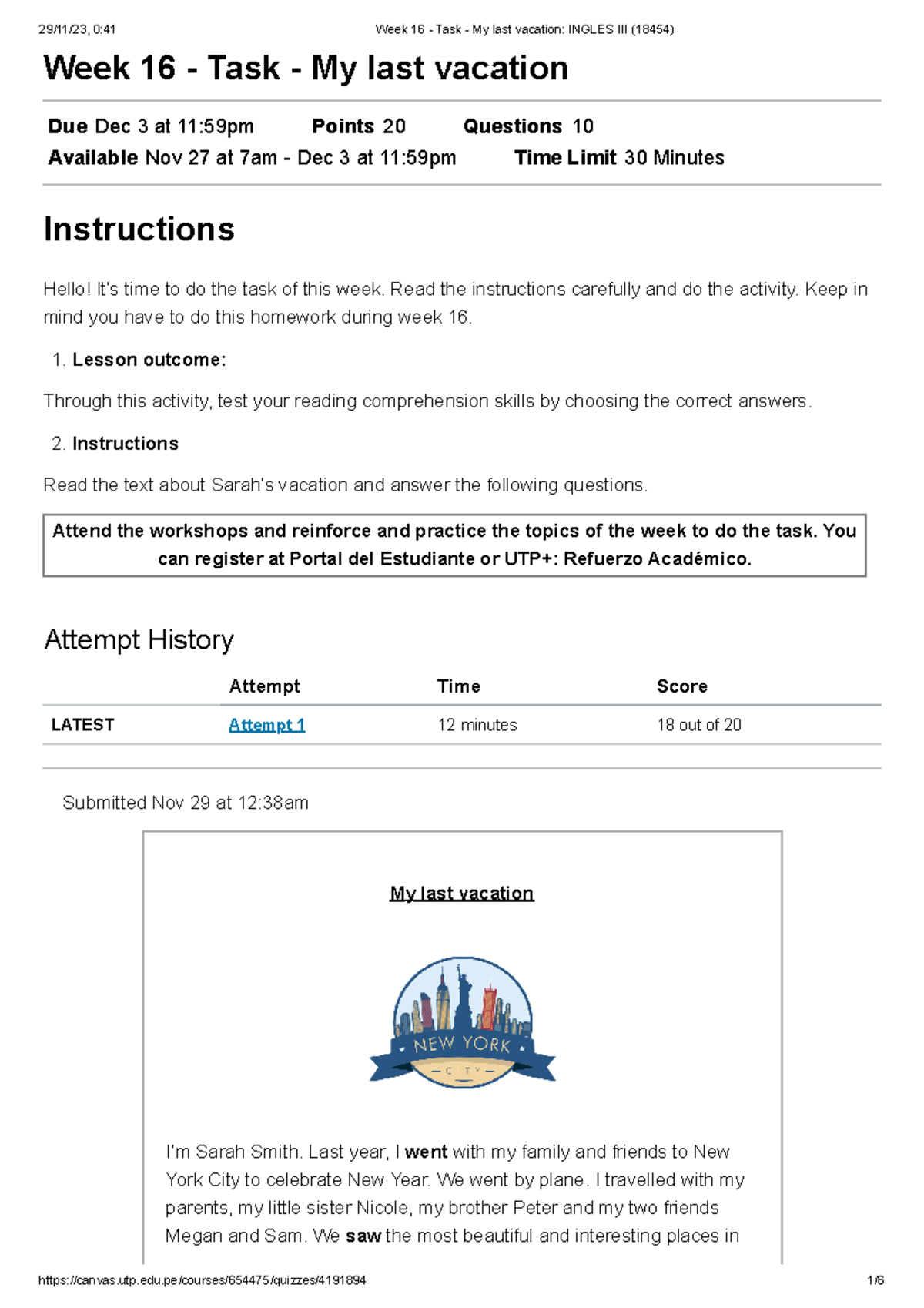 Week 16 - Task - My last vacation Ingles III (18454) - Week 16 - Task - My last vacation Due Dec ...