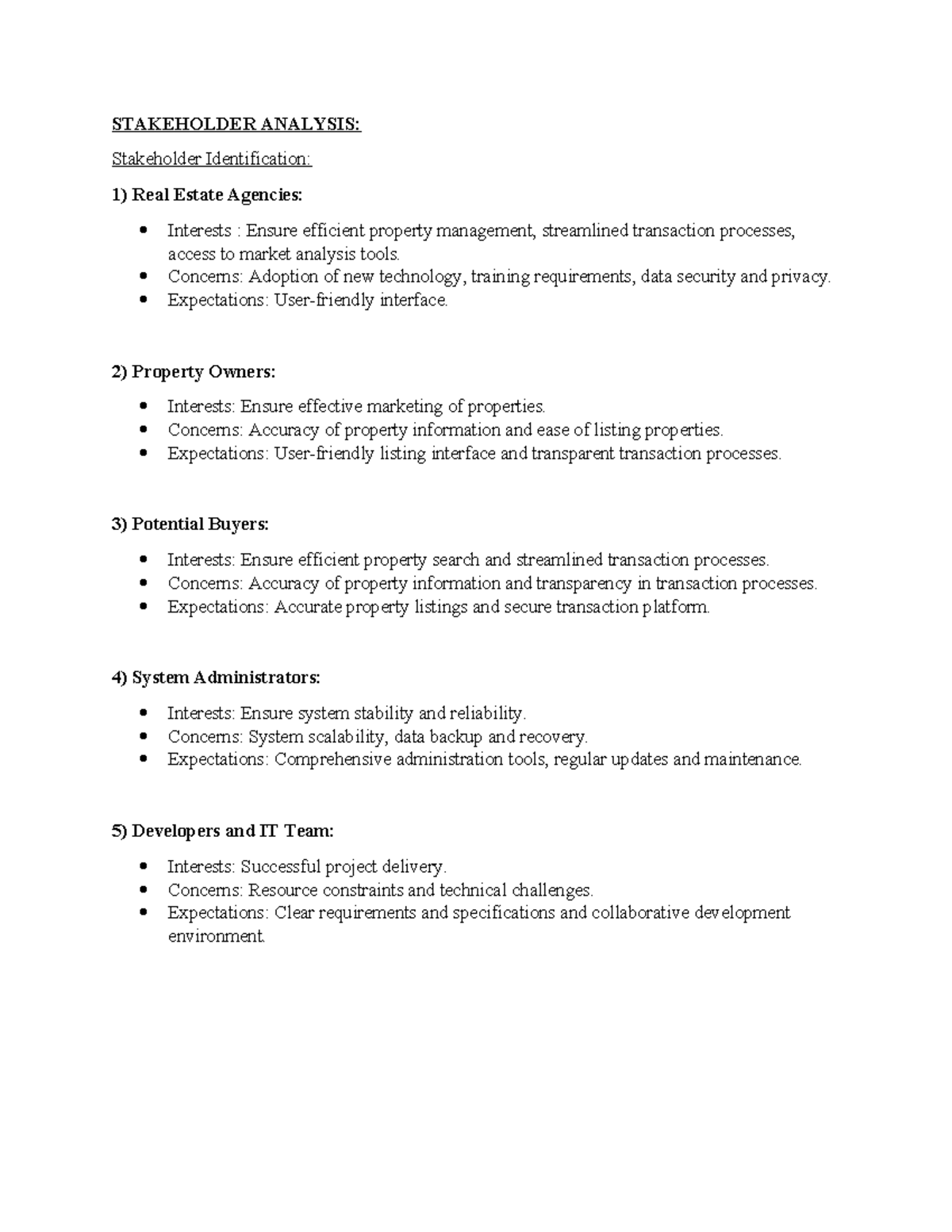 Stakeholder Analysis Stakeholder Analysis Stakeholder Identification Real Estate Agencies