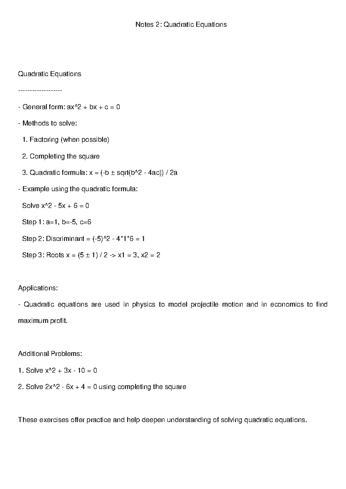 Notes 2 Quadratic Equations - Notes 2: Quadratic Equations Quadratic ...