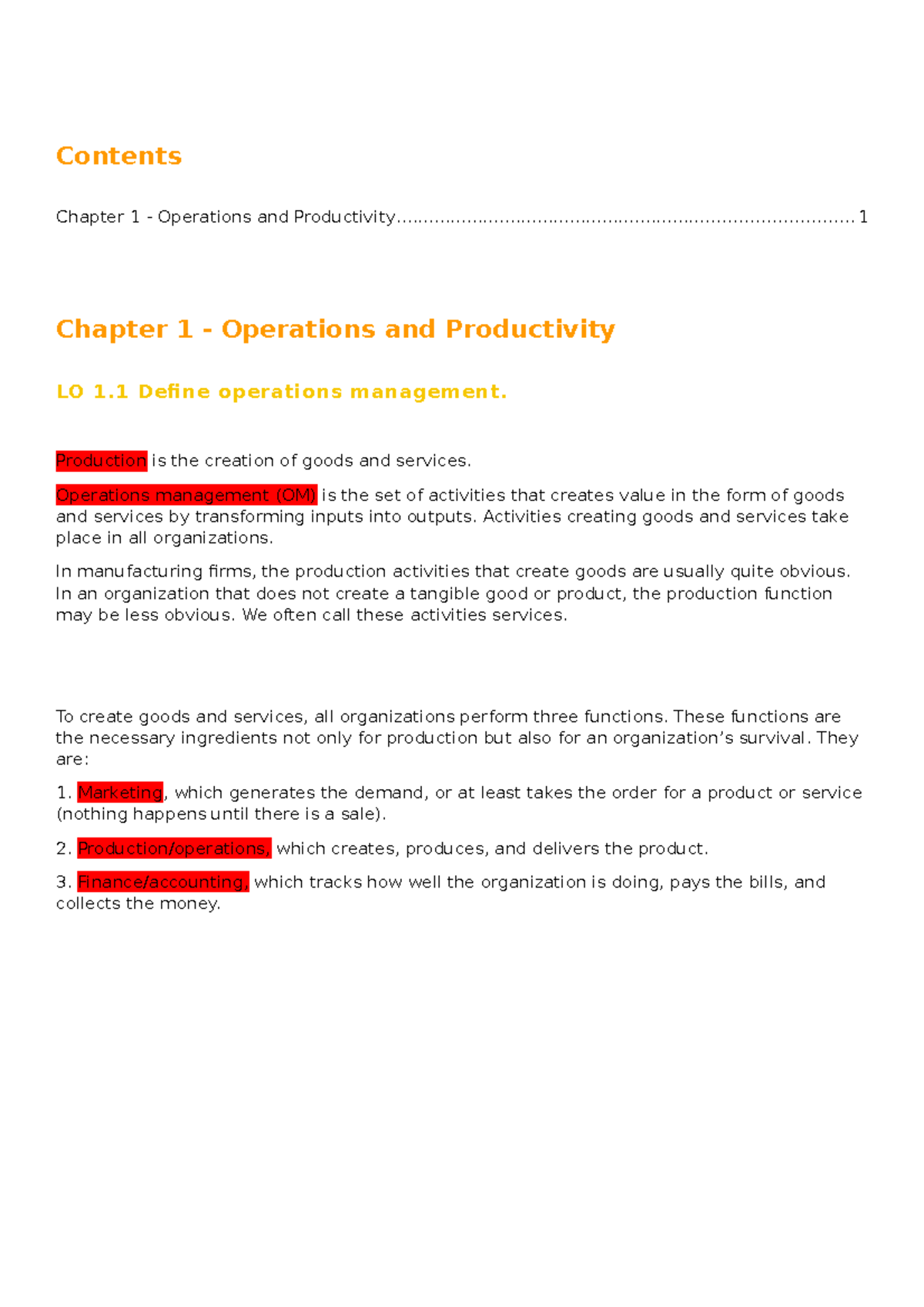 OM-in-Short - operation management - Contents Chapter 1 - Operations and - Studocu