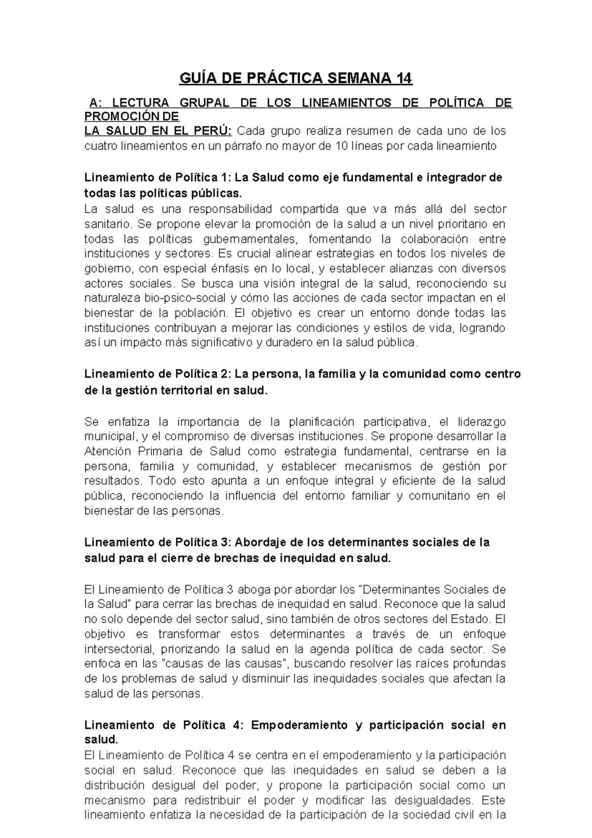 GUIA DE PRÁ Ctica Semana 14 - GUÍA DE PRÁCTICA SEMANA 14 A: LECTURA GRUPAL DE LOS LINEAMIENTOS ...