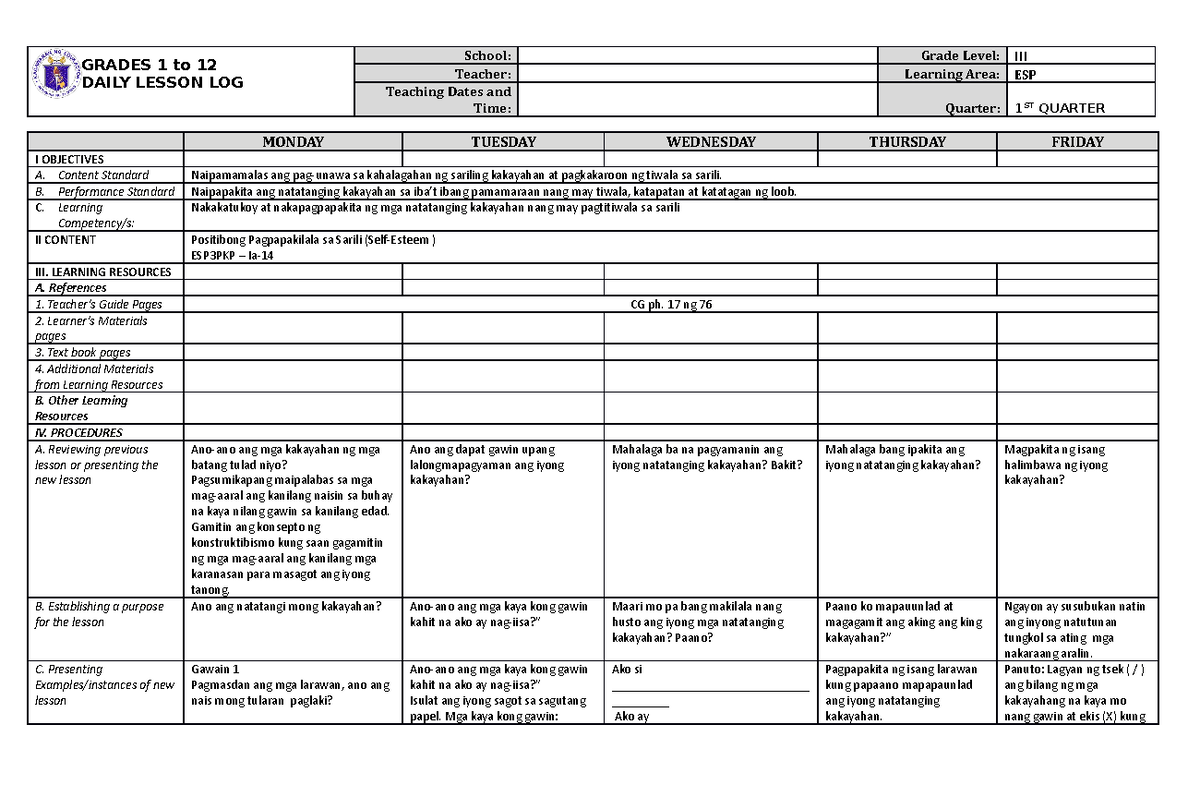 DLL ESP 3 Q1 W1 - material - GRADES 1 to 12 DAILY LESSON LOG School ...