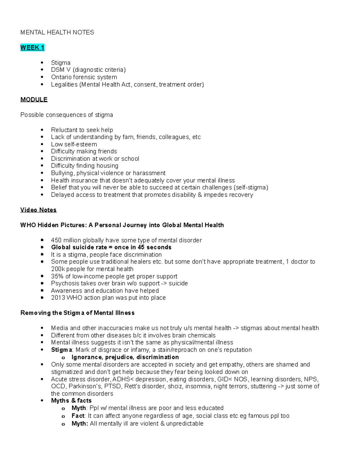 Mental Health Notes week 1-3 - MENTAL HEALTH NOTES WEEK 1 Stigma DSM V ...