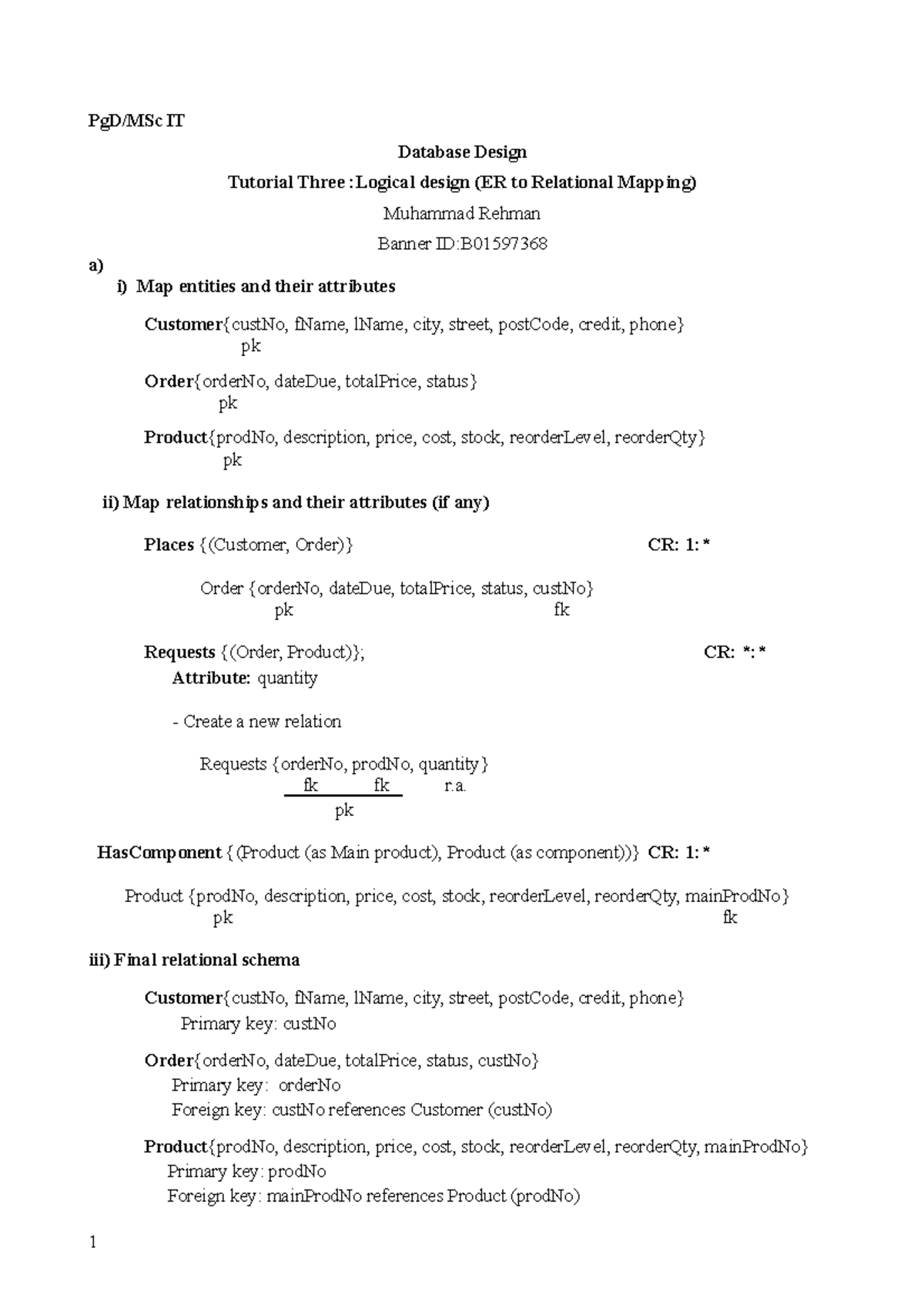 Jf Tutorial 3 Er To Rel Mappingb01597368 Pgdmsc It Database Design Tutorial Three