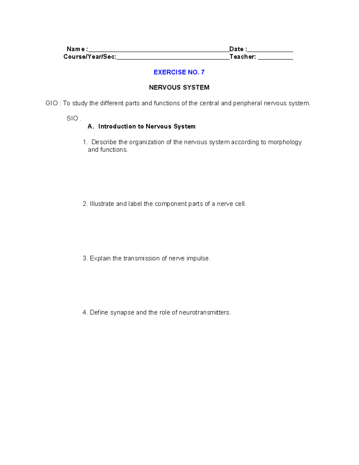 LAB Exercise Nervous System - Name : Date : Course/Year/Sec: Teacher ...
