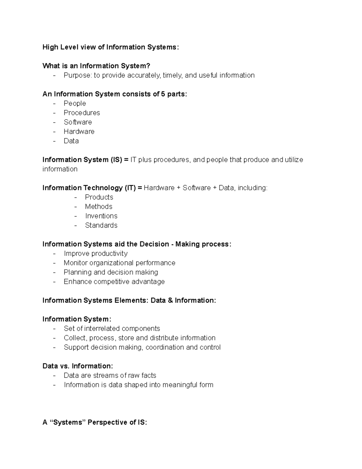 Adm 1370 N Lecture 1 Notes From Slides High Level View Of Information Systems What Is An