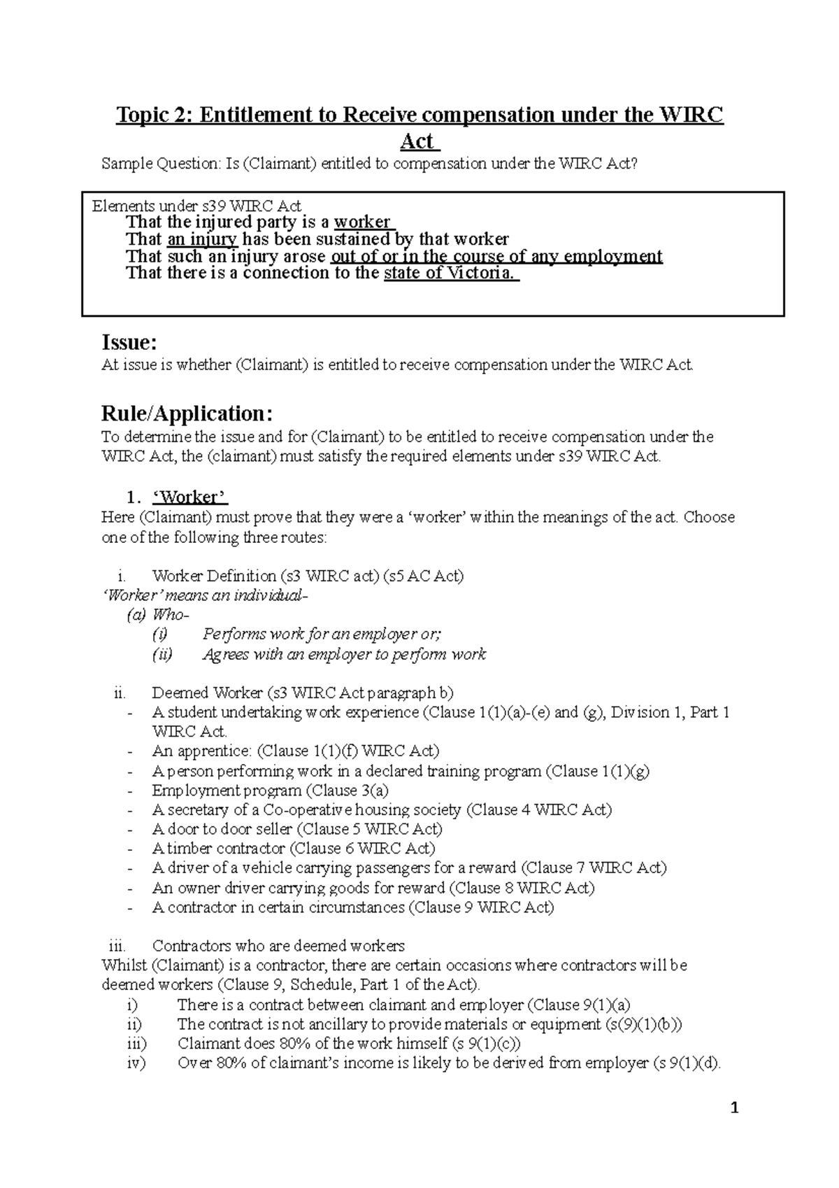 NEW Attack Plans - Topic 2: Entitlement to Receive compensation under the WIRC Act Sample ...