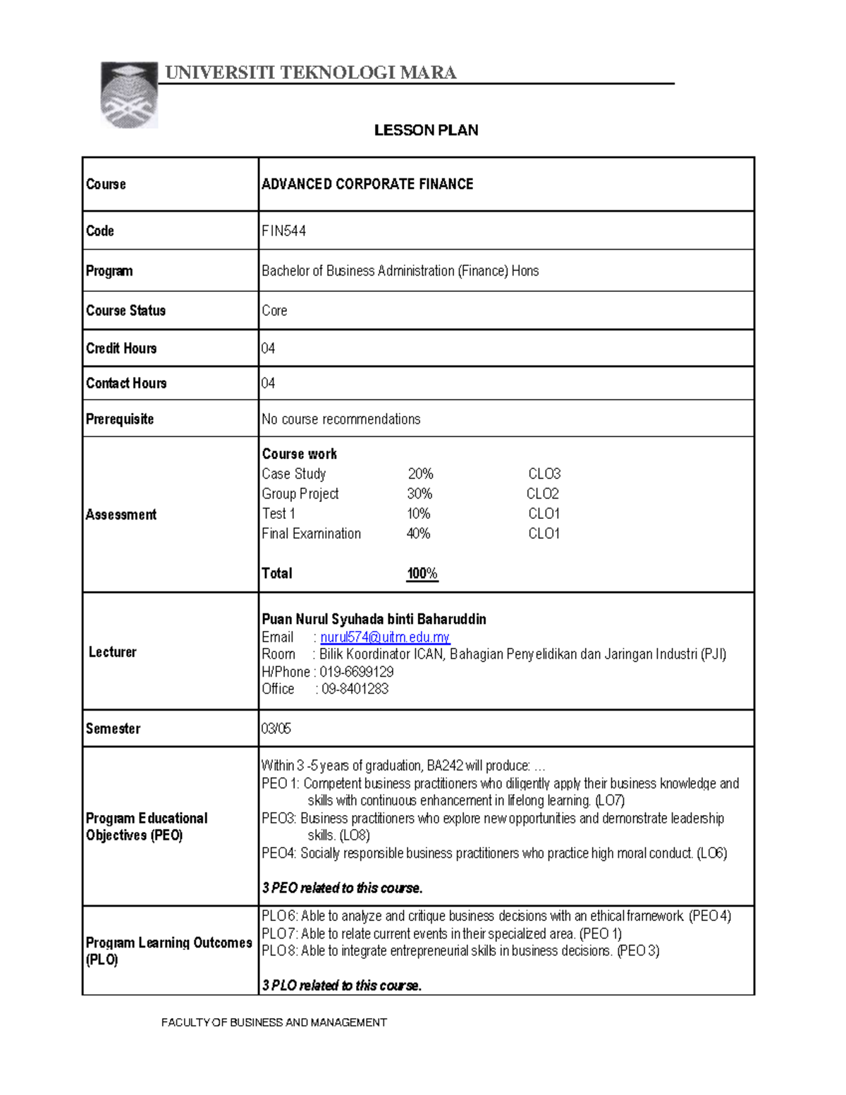 20234 FIN544 Lesson Plan - UNIVERSITI TEKNOLOGI MARA LESSON PLAN Course ...