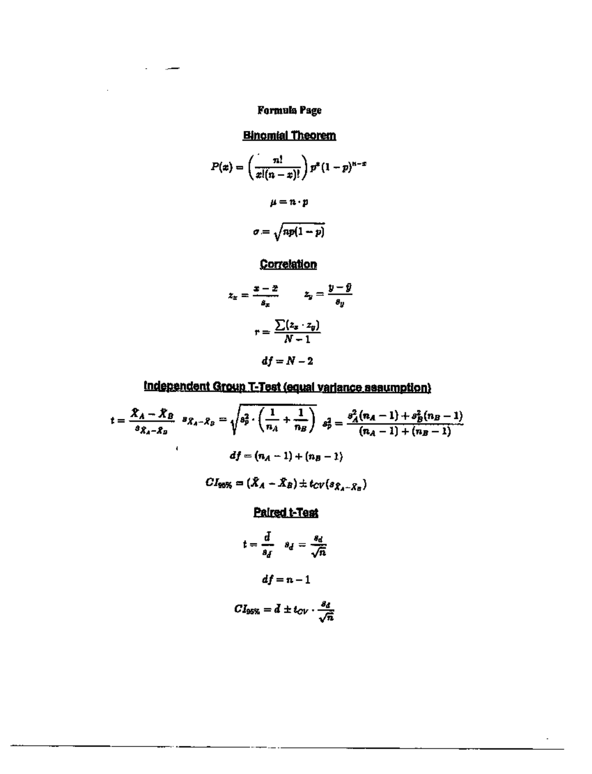 Biostats Formulas and Statistical tables - Formula Page Binomial ...
