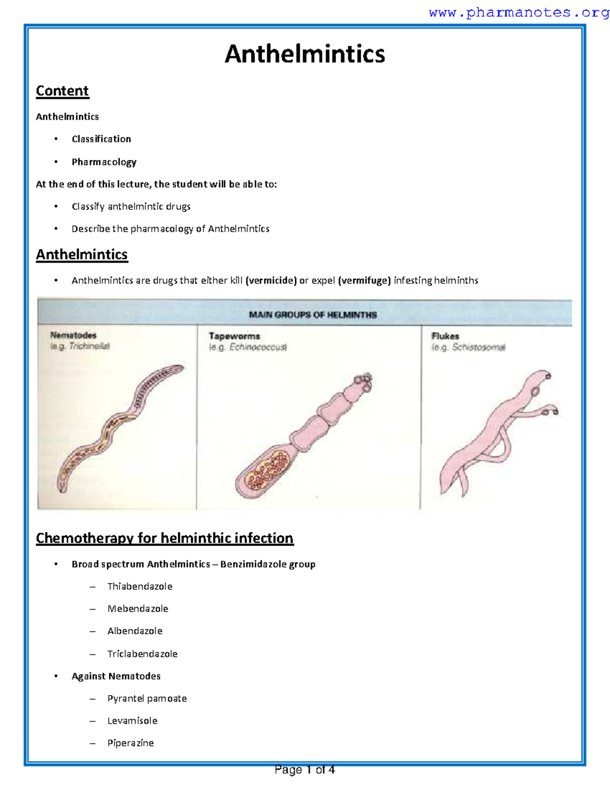 Anthelmintics notes - Anthelmintics Content Anthelmintics ...