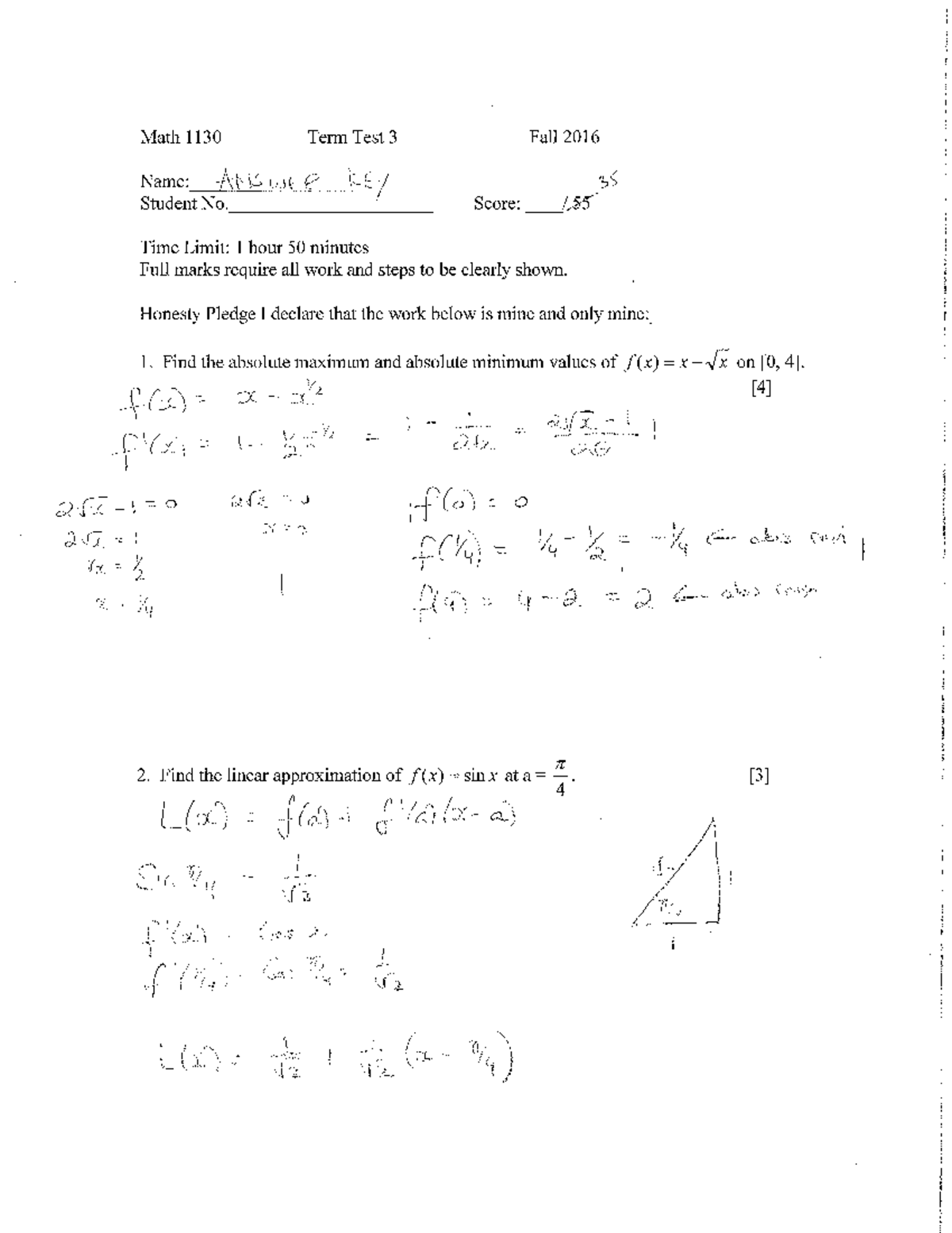 Test 3 14 2016, questions and answers - Math 1130 Term Test 3 Fall 2016 ...