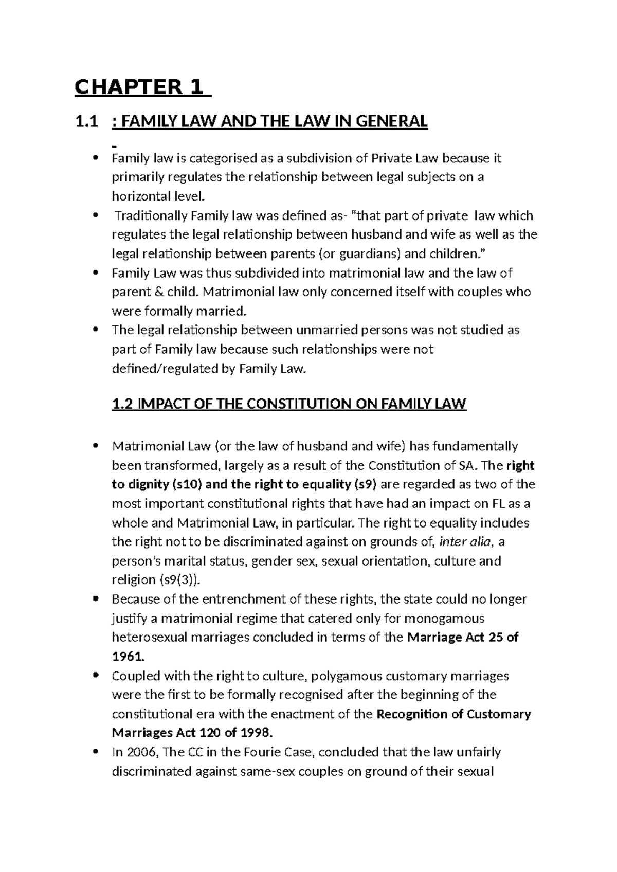 Family law notes - CHAPTER 1 1 : FAMILY LAW AND THE LAW IN GENERAL ...