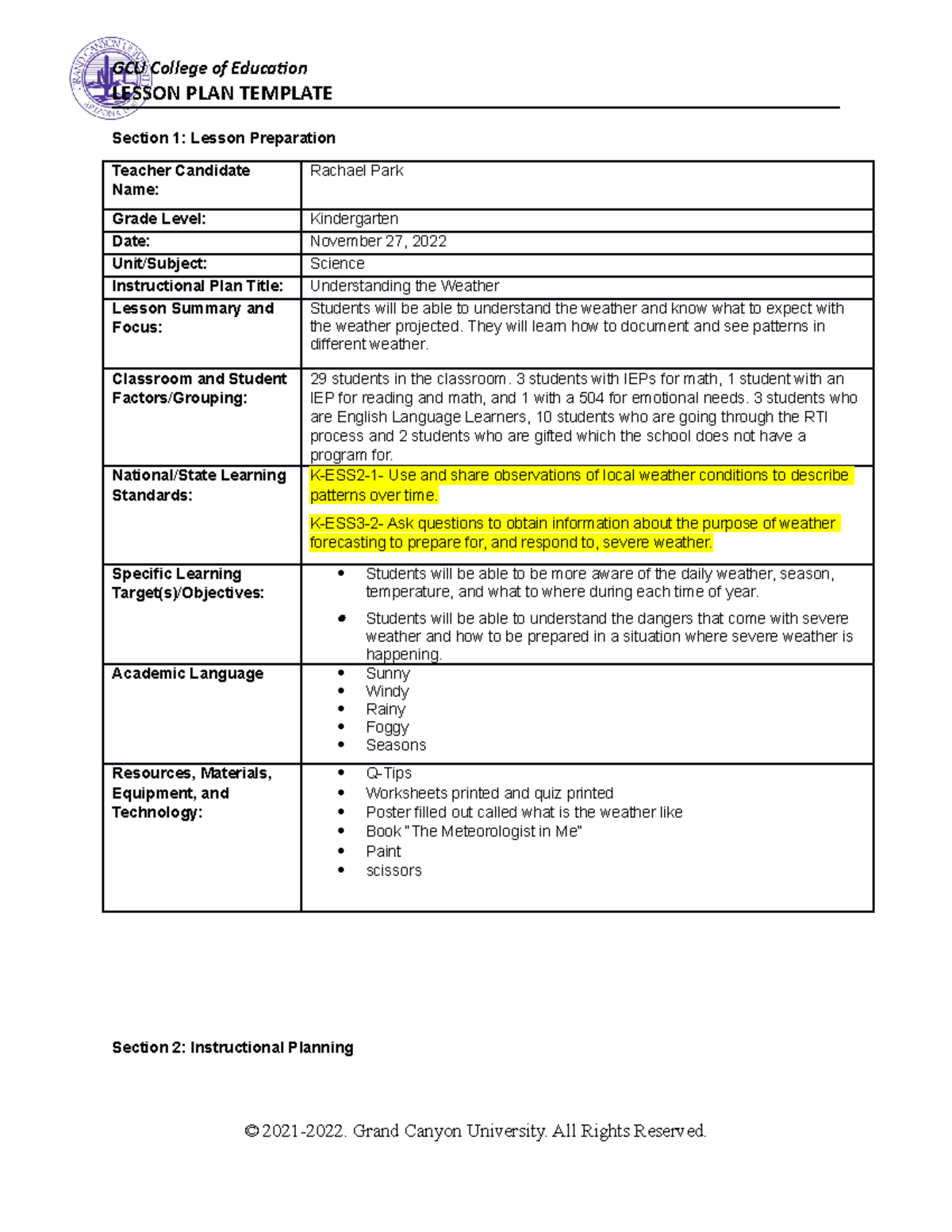 ELM-361-Week-6 Science Lesson Plan - LESSON PLAN TEMPLATE Section 1 ...