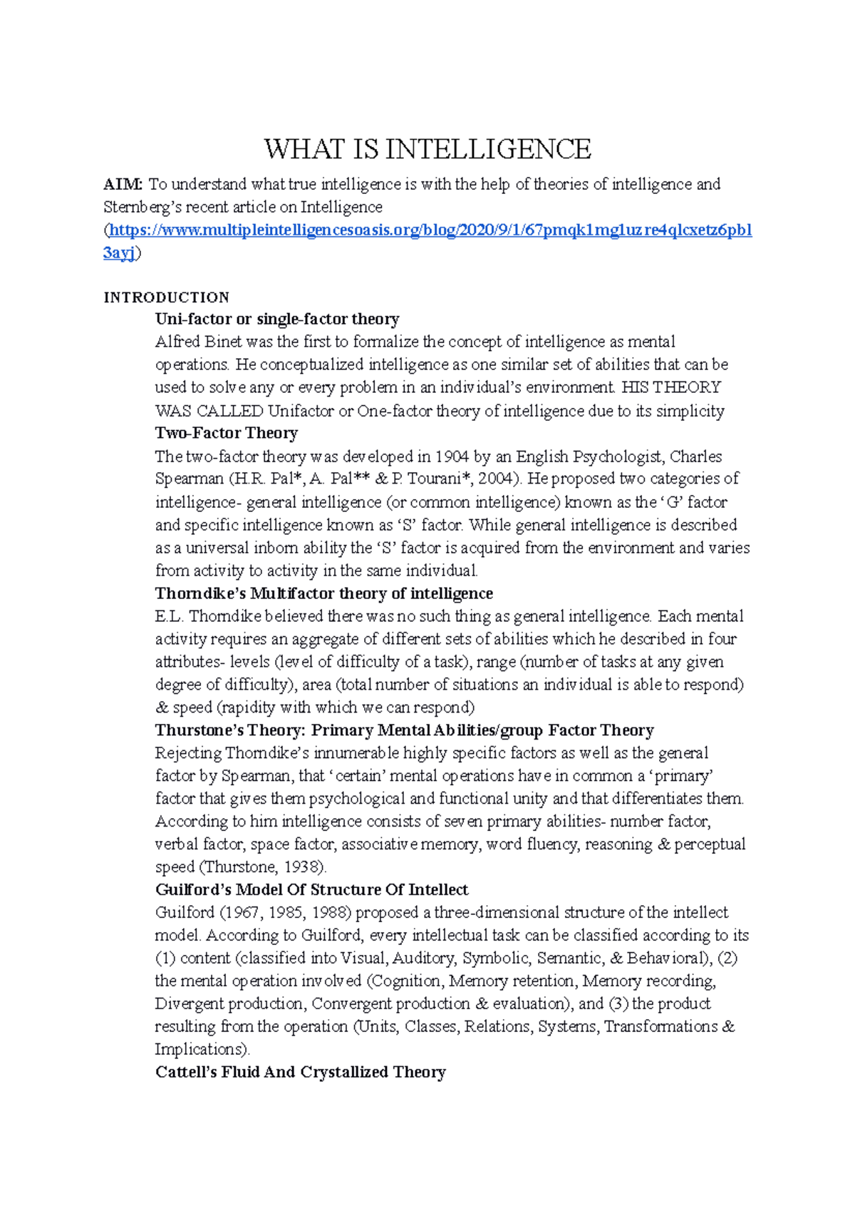 MPC7 Practical 2 Inteligence - WHAT IS INTELLIGENCE AIM: To understand ...