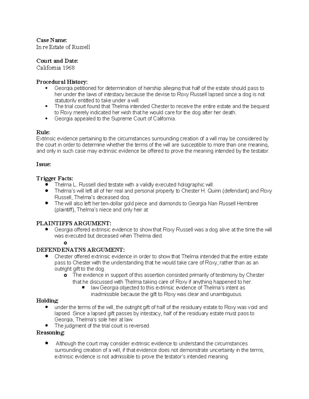In re Estate of Russell - Case brief - Case Name: In re Estate of ...