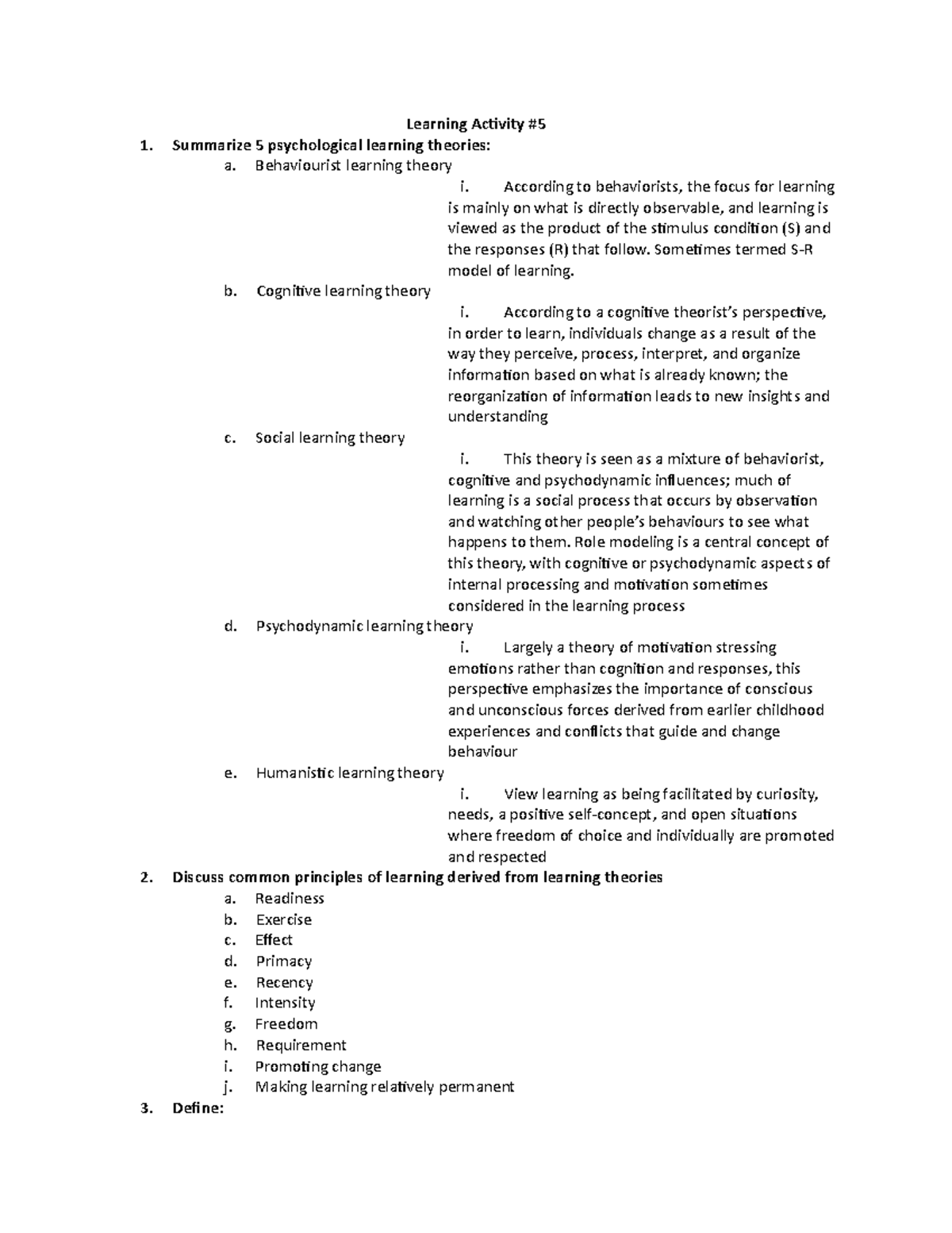 LA 5-9 - **Learning Acivity # Summarize 5 psychological learning ...