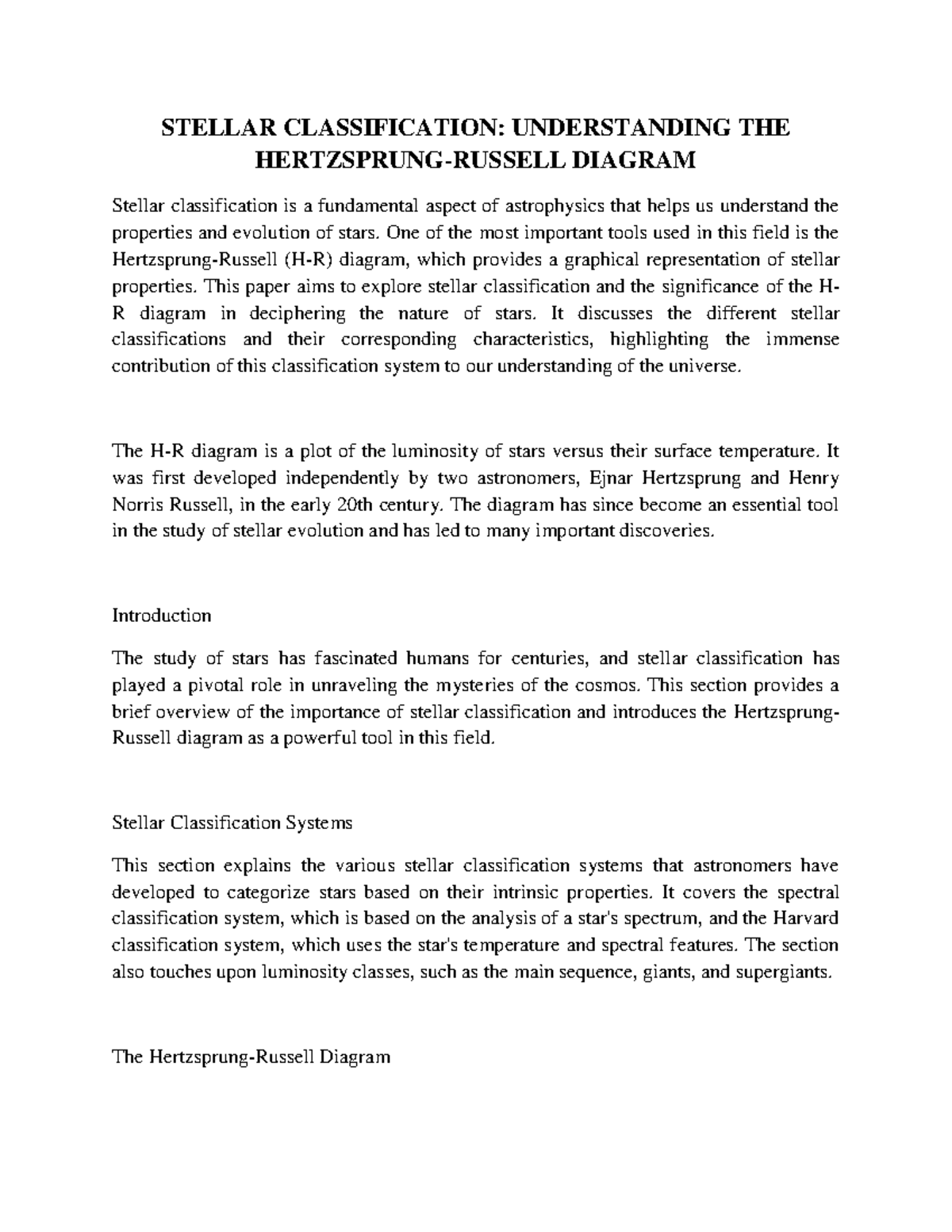 Stellar Classification Understanding THE Hertzsprung- Russell Diagram - STELLAR CLASSIFICATION ...