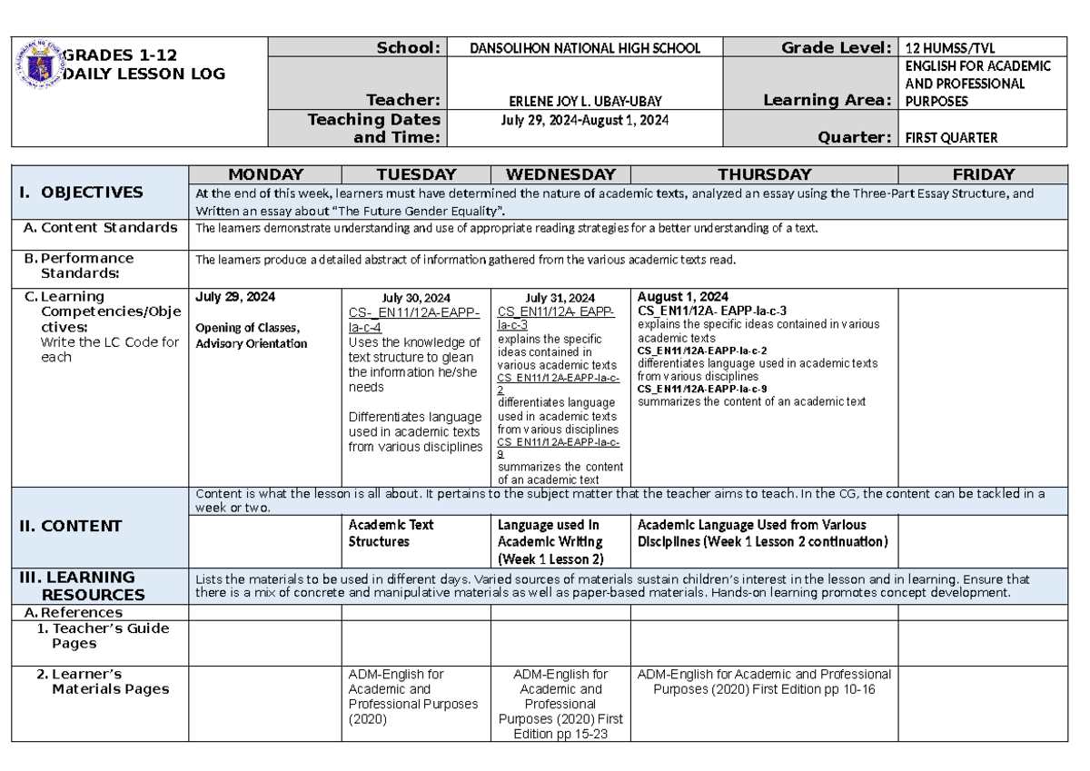 1 DLL EAPP - Daily Lesson Log in EAPP for Week 1 - GRADES 1- DAILY ...