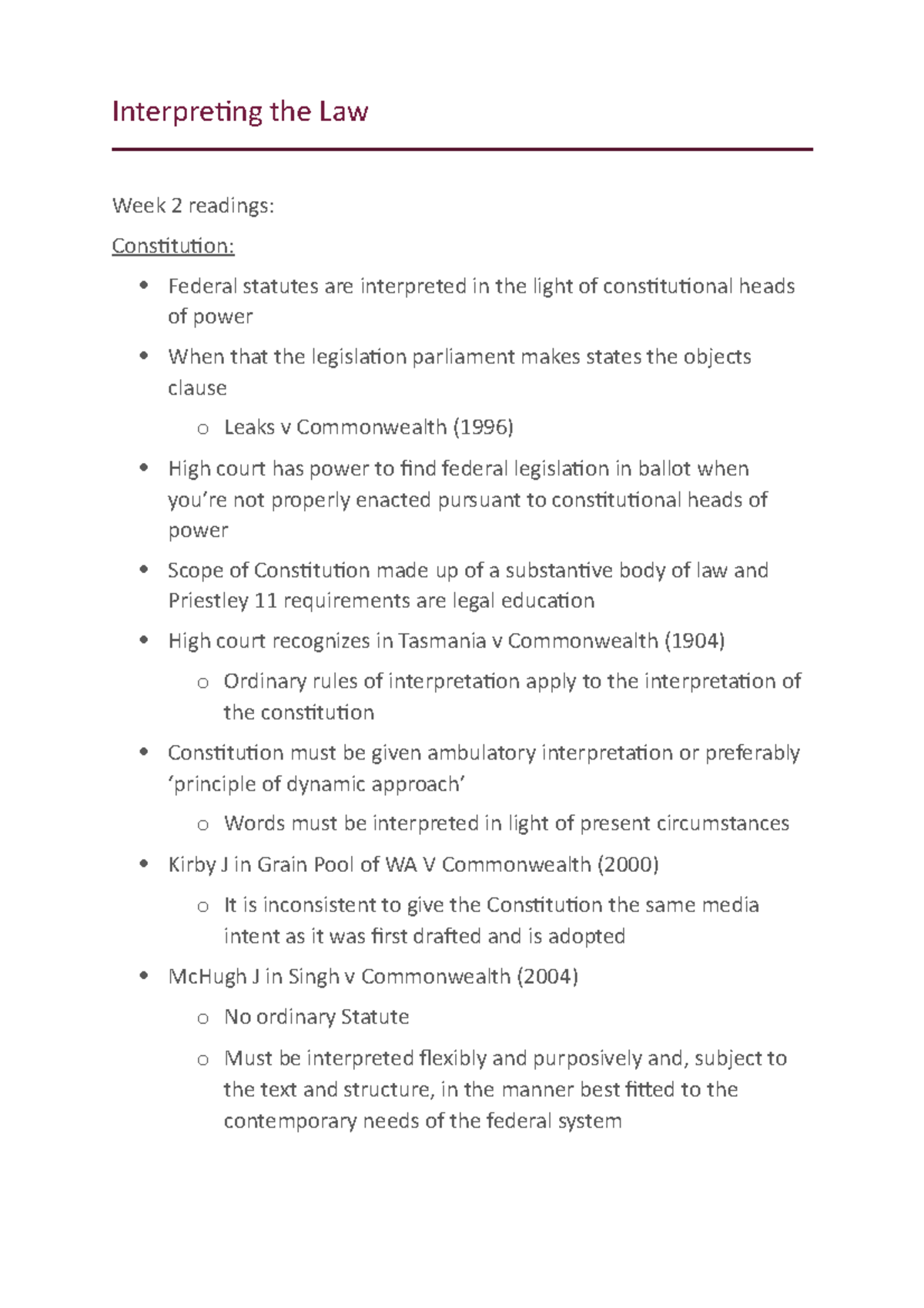 Week 2 notes - Interpreting the Law Week 2 readings: Constitution ...