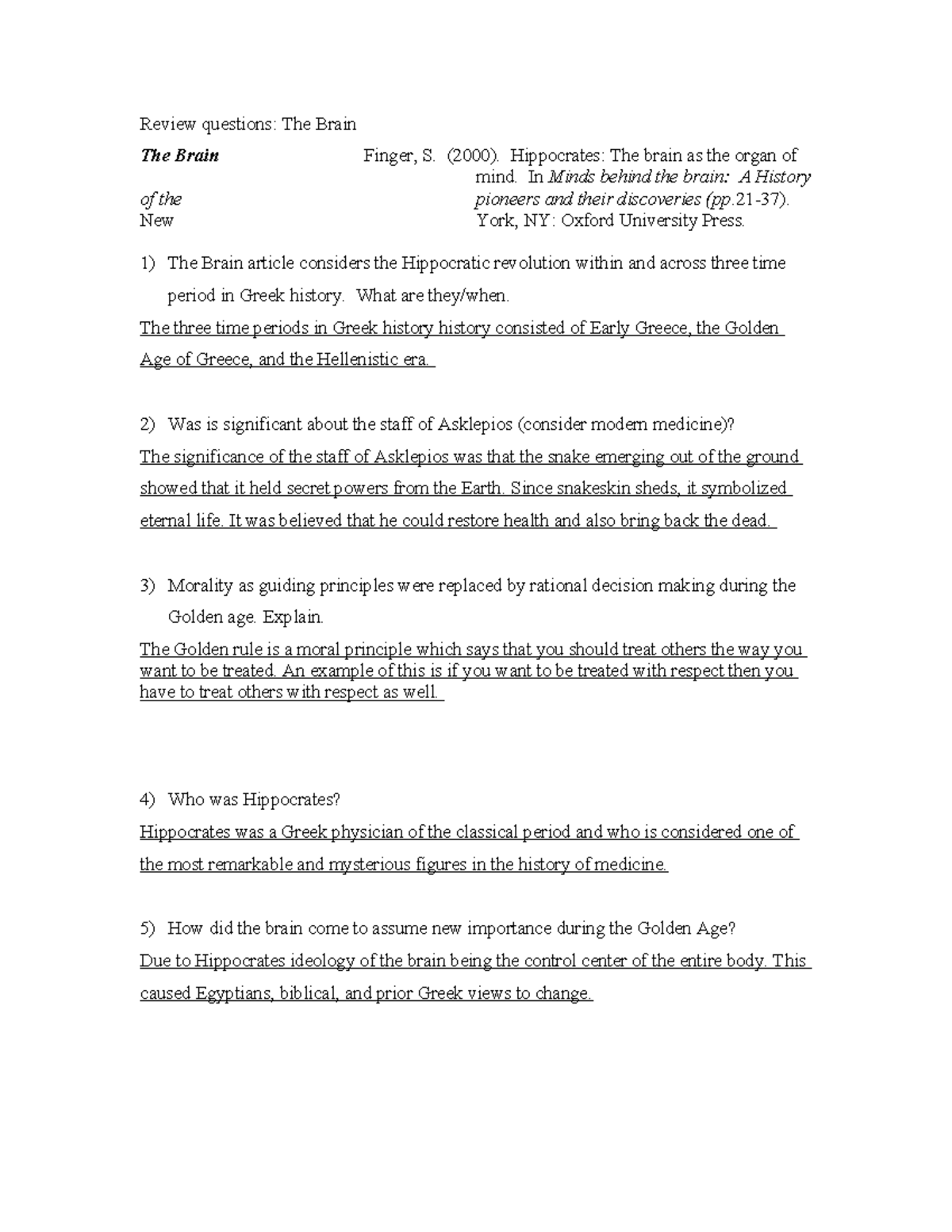 TQ The Brain - Leacture Notes for Reading - Review questions: The Brain ...