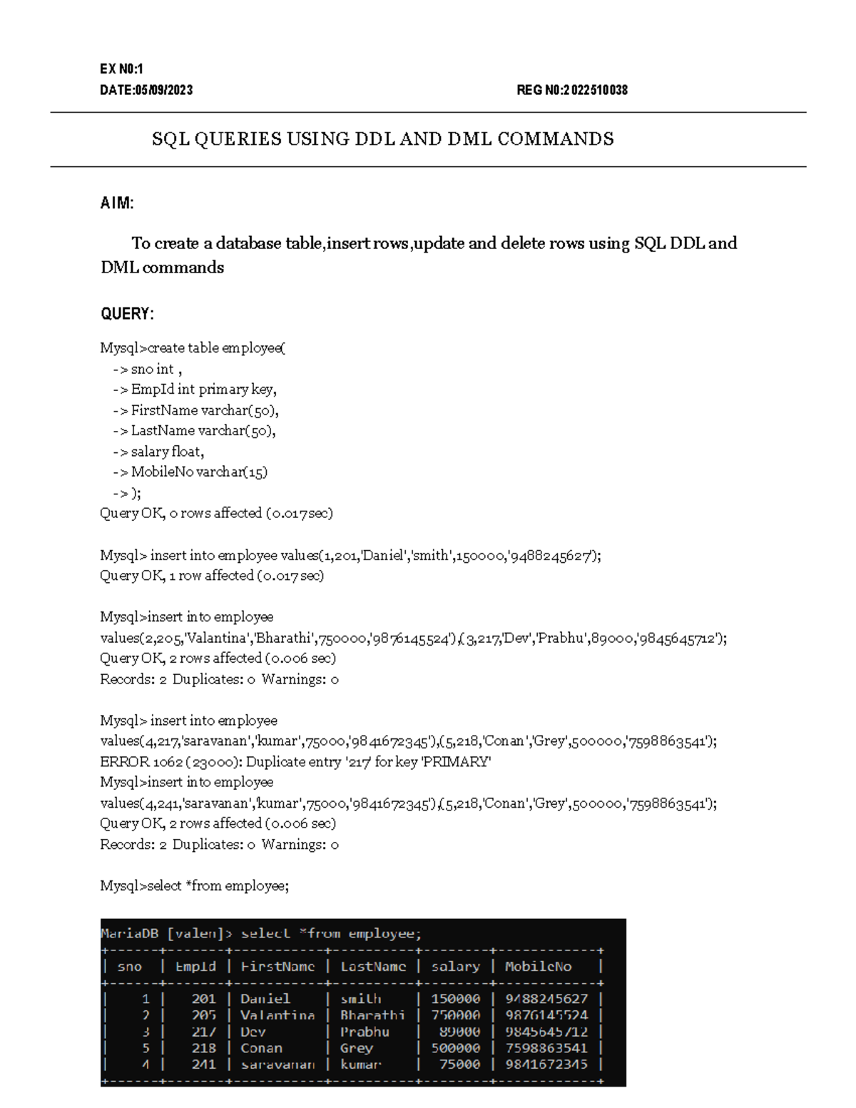 Dbmsv - Create table sample - EX N0: DATE:05/09/2023 REG N0: SQL QUERIES USING DDL AND DML ...