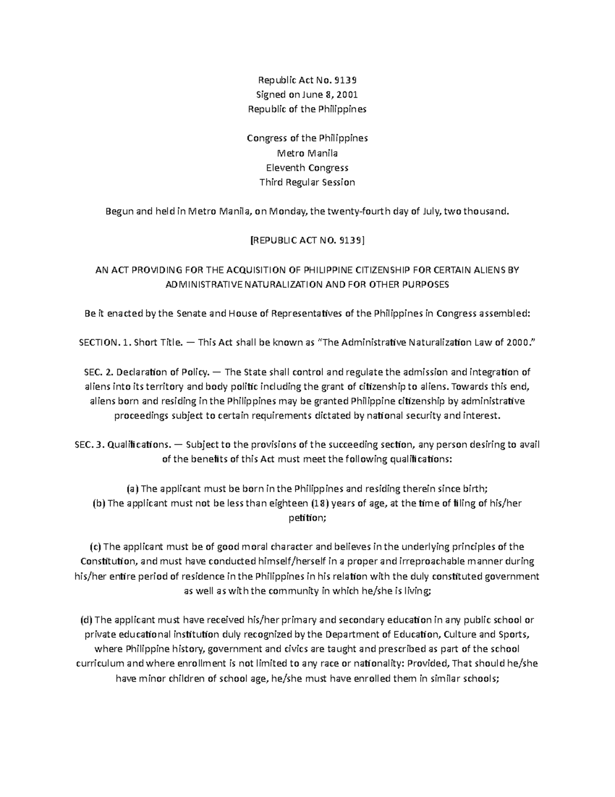 RA 9139 - N/A - Republic Act No. 9139 Signed on June 8, 2001 Republic ...