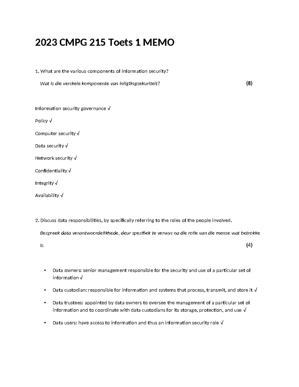 Toets 1 MEMO - Test one based on chapter 1, 2 , 5 and 6 - 2023 CMPG 215 ...