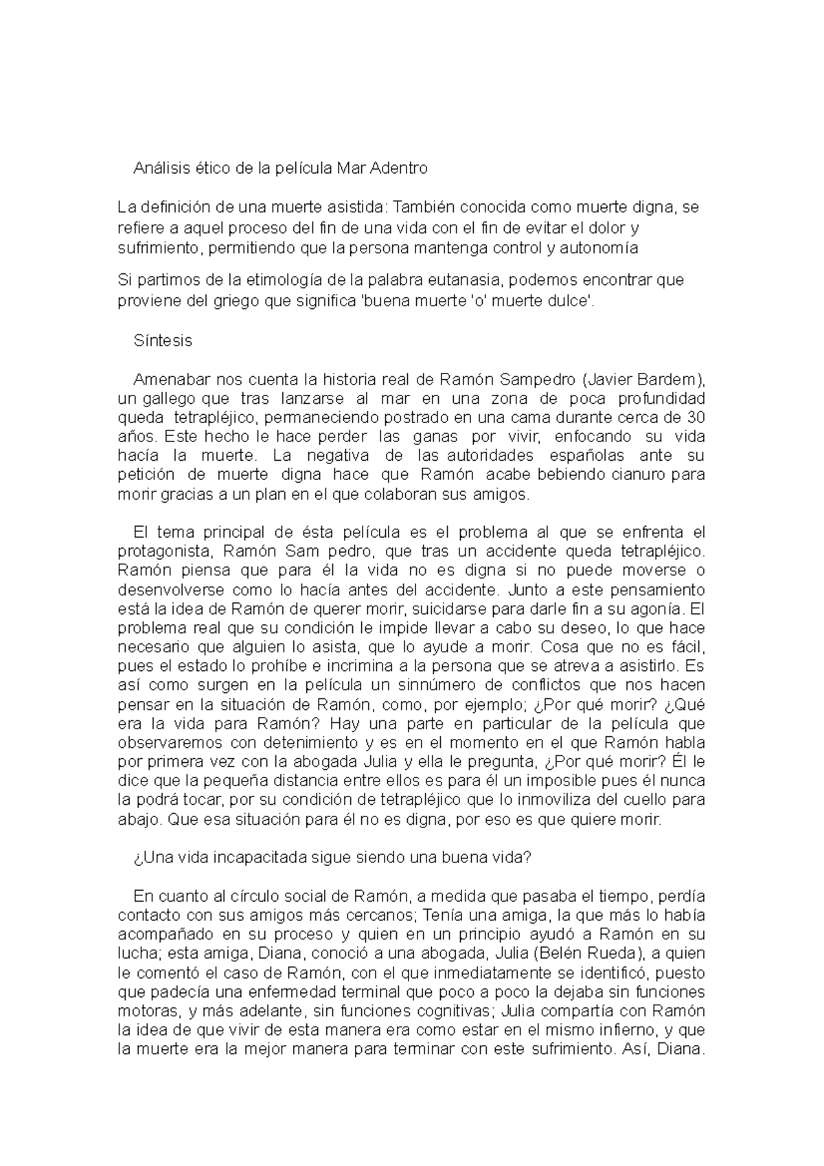 Mar adentro - sinopsis - Análisis ético de la película Mar Adentro La ...
