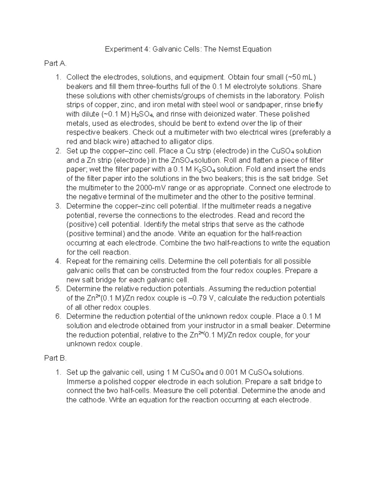 Experiment 4 Galvanic Cells - Experiment 4: Galvanic Cells: The Nernst ...