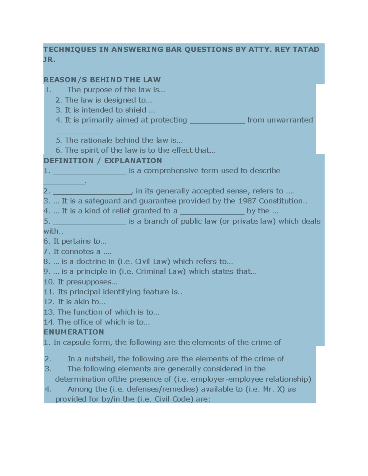 Techniques IN Answering BAR Questions BY ATTY - TECHNIQUES IN ANSWERING ...