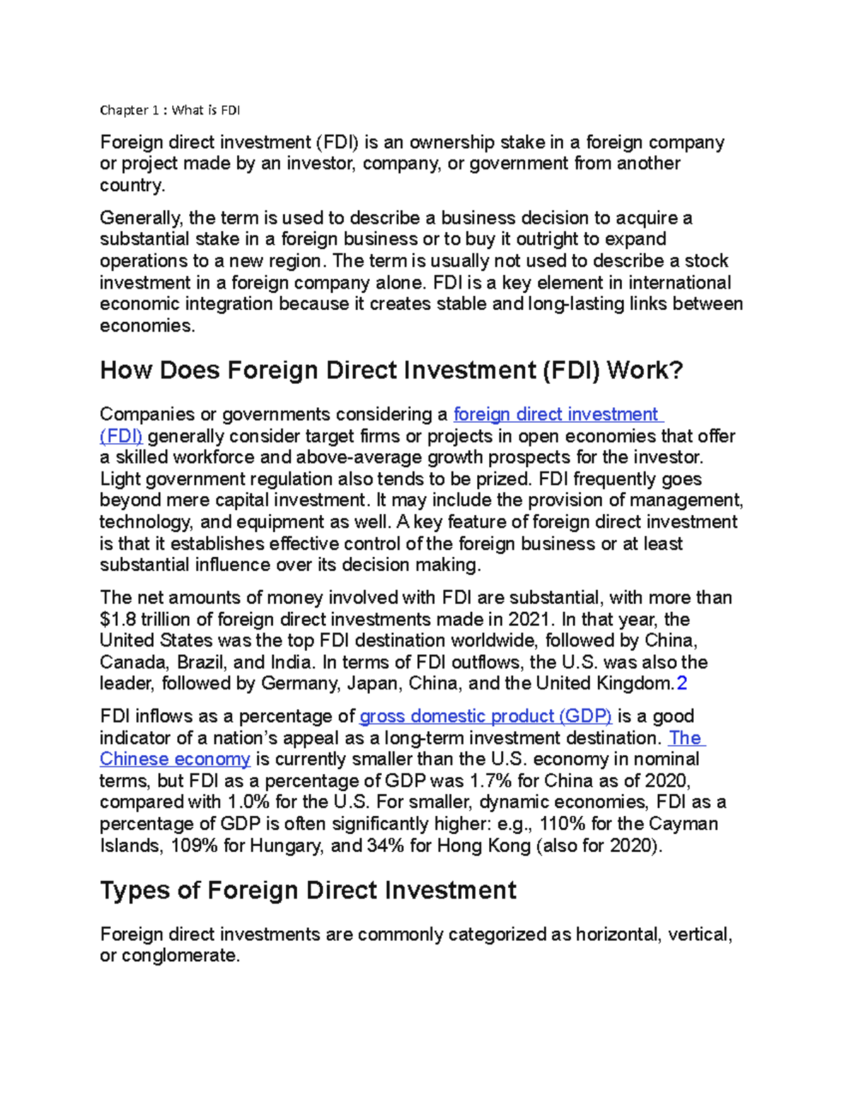 Chapter 1 - LInh tinh - Chapter 1 : What is FDI Foreign direct ...