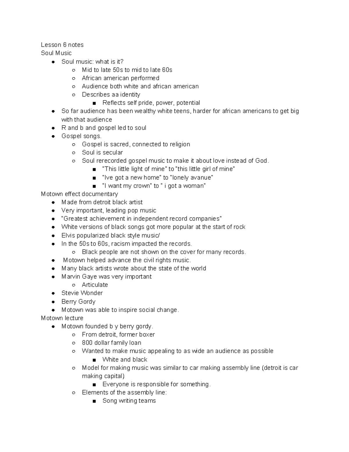 History of Rock Music - Lesson 6 notes - Soul, Motown, Southern Soul ...