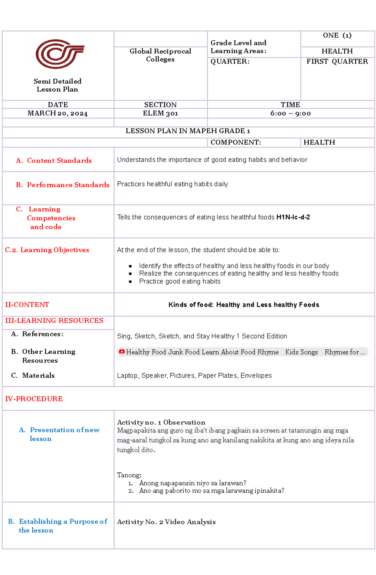 Health Final LP- Beryl - Semi Detailed Lesson Plan Grade Level and ...