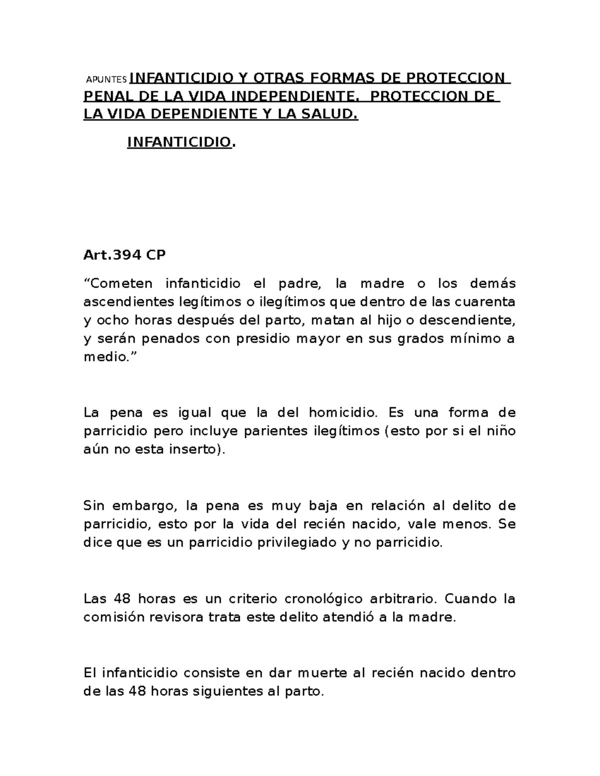Apuntes Infanticidio Y Otras Formas DE Proteccion Penal DE LA VIDA ...