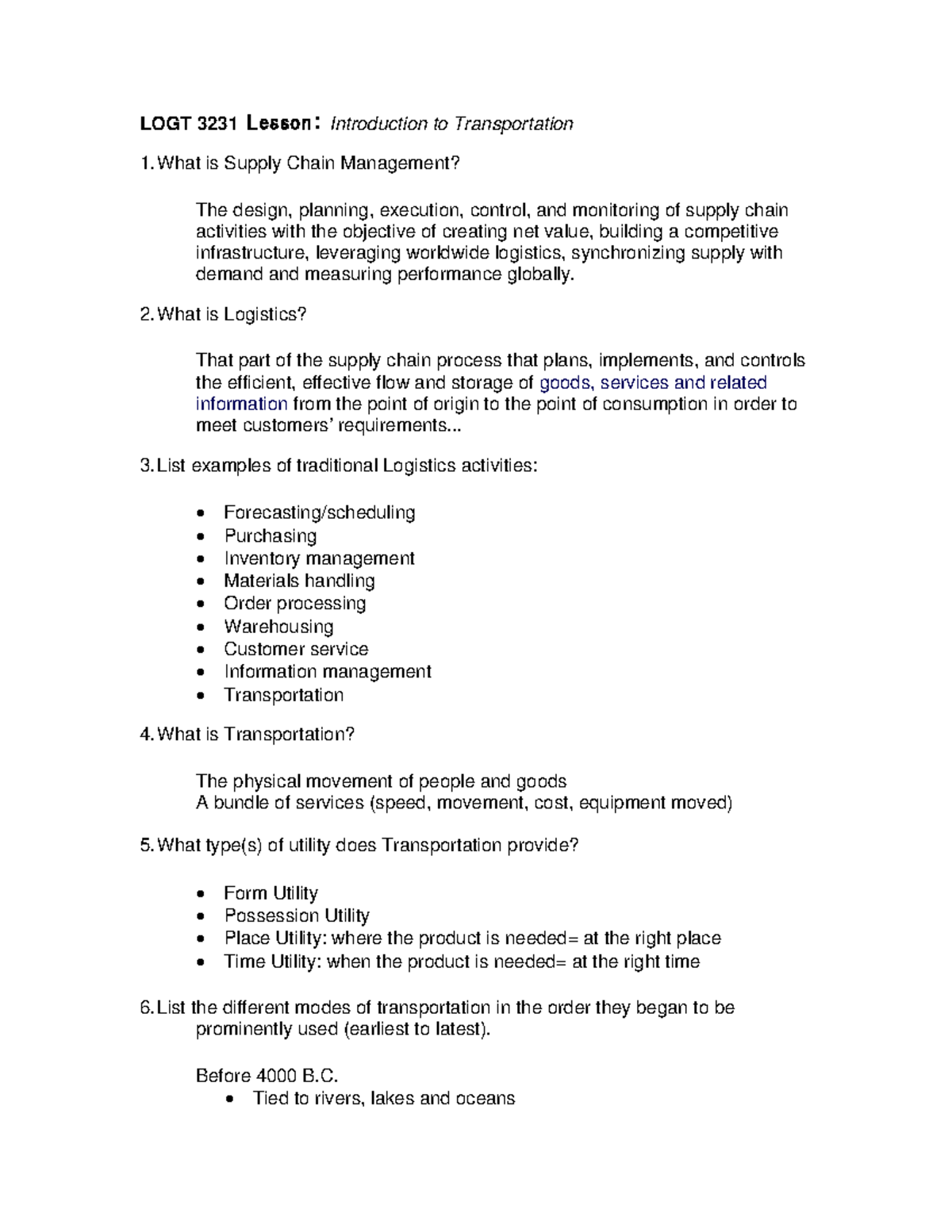 Lecture notes Course Principles of Transportation: summary Introduction ...